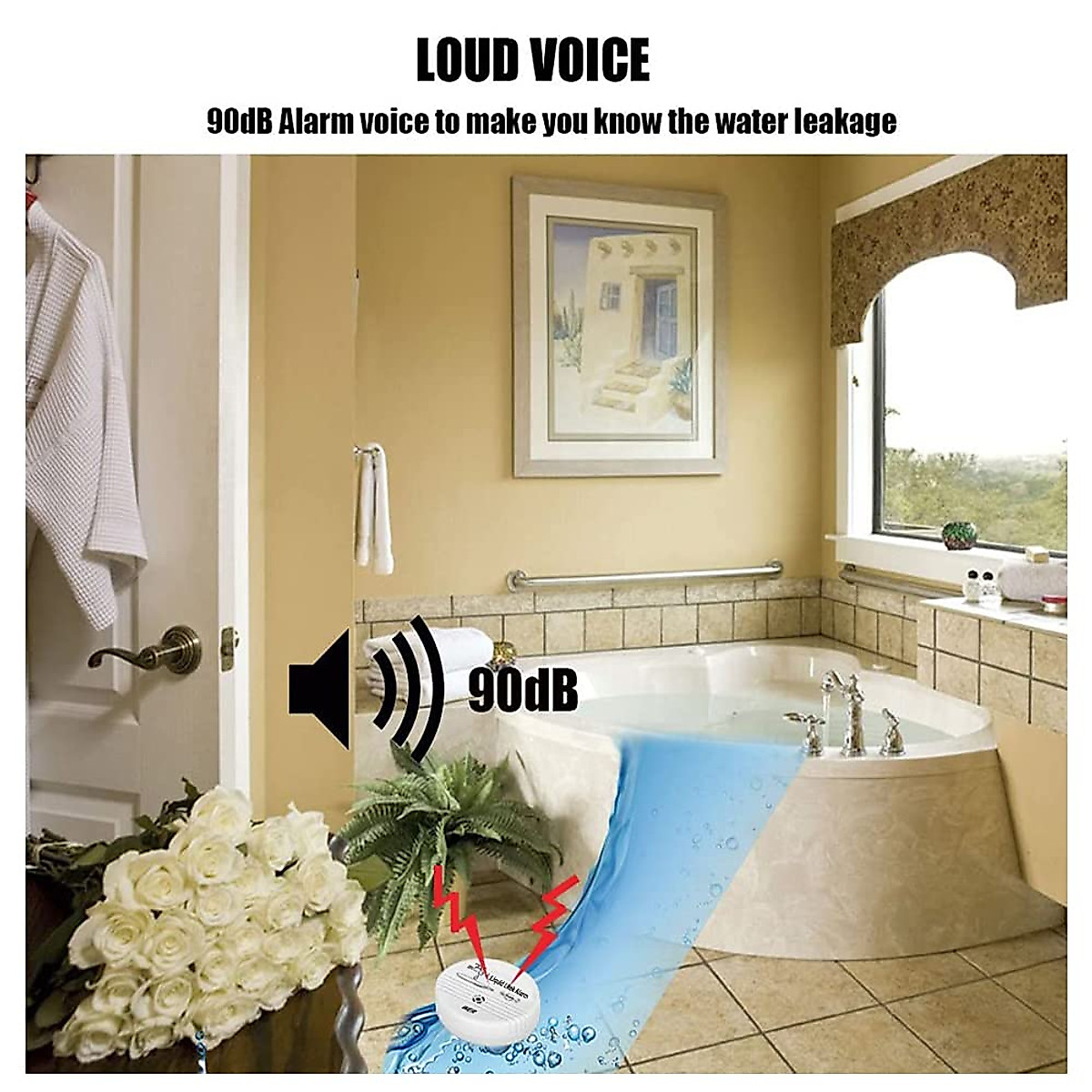 WER Water Leak Alarm Sensor, Battery Operated Leak Alert, 90dB Water Detector for Basements, Bathrooms, Laundry Rooms, Kitchens, Garages and All Office Areas (Shipped Without Battery, 2 Pack)