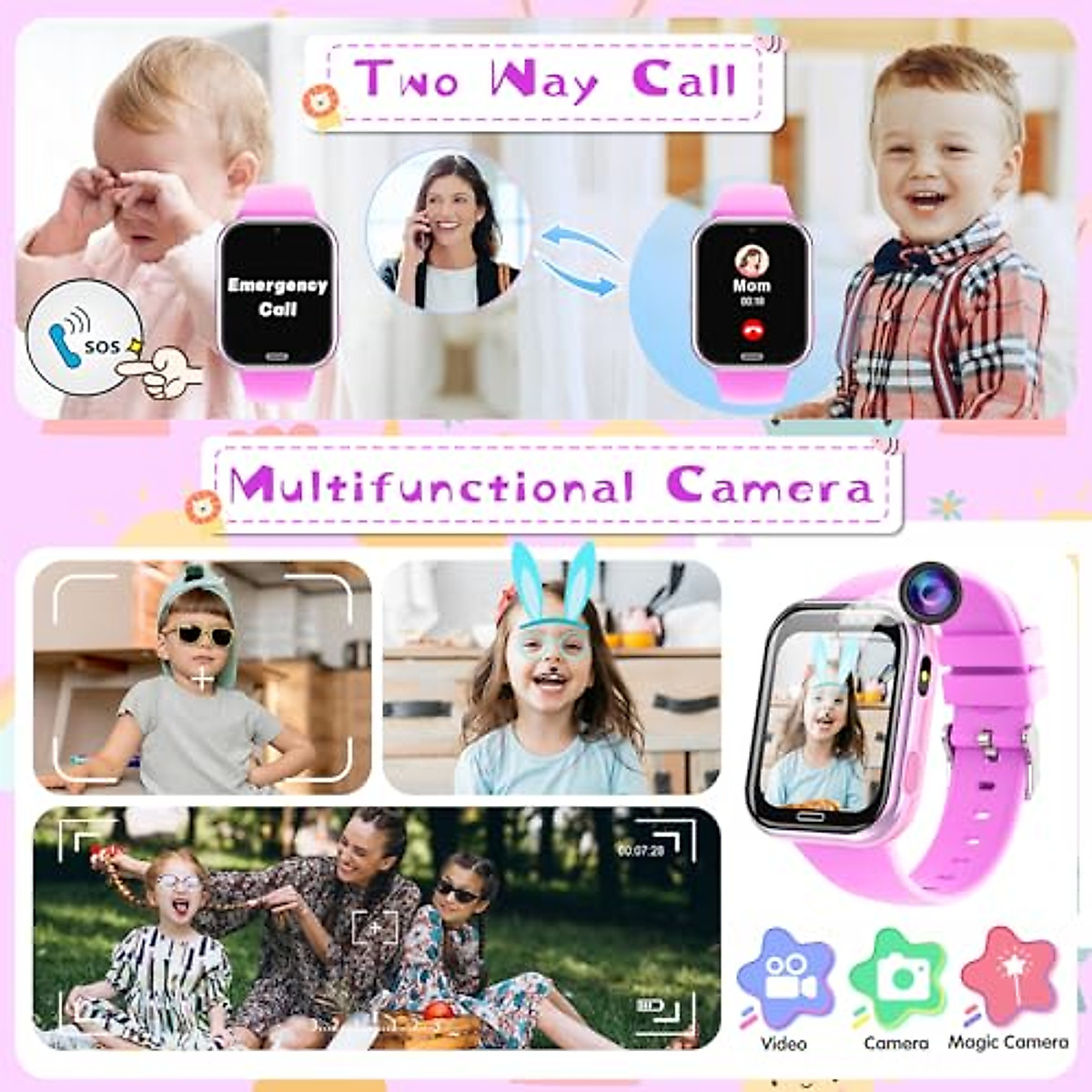 Smart Watch for Kids Gift for Girls Toys Age 6-8 Kids Game Smart Watches for Boys 8-10 with 24 Games Video Camera Music Alarm Educational Birthday Gifts Ages 6 7 8 9 10 11 12 Years Old (Purple)