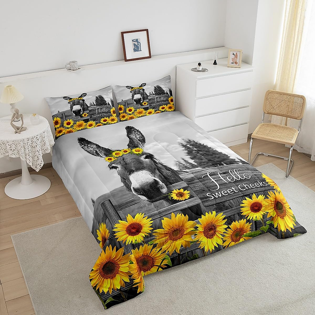 Erosebridal Donkey Comforter Set King Size Funny Farm Animal Donkey Bedding 3 Piece for Boys Girls Kids Rustic Farmhouse Sunflower Duvet Insert Cute Farm Donkey Print Quilt with 2 Pillowcases