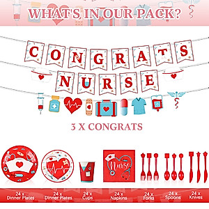 Zubebe 173 Pcs Nurse Graduation Party Supplies Serve 24 Congrats Nurse Banner Dinner Dessert Plates Cups Napkins Tablecloth Nurse Birthday Party Tableware Set for Nursing School RN Graduation Party