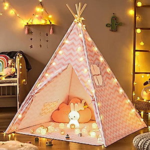 Tiny Land Kids Teepee with Mat and Star Lights, Teepee Tent for Girls Aged 3+, Cotton Girls Play Tent, Foldable Toddler Tent Indoor, Best Gift for Girls (Pink)