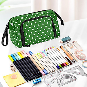 Yasala Pencil Case Polka Dot Gorgeous Green Pen Pouch Holder Art Kits Storage Bag Cosmetic Organizer Carrying Case for Office Supplies Travel Bag for Makeup Large Stationary Bag with Handle