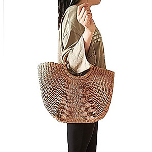 Straw Bag for Women Large Woven Bag Round Handle Ring Tote Retro Purse Hobo Summer Beach Bag (Coyote brown)