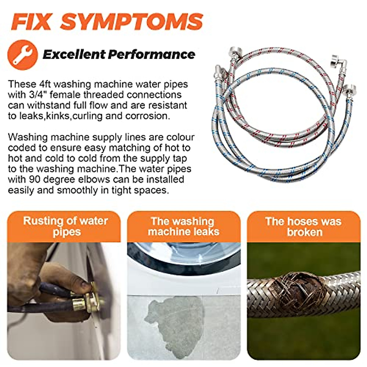 Beaquicy Washer Stainless Steel Hoses with 90 Degree Elbow - 4 Ft Long Red and Blue (2 Pack) Burst Proof - Hot and Cold Striped Water Supply Lines for Washing Machine - 10YEAR WARRANTY