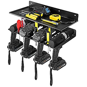 Goplus Electric Drill Holder, Wall Mounted Power Tool Organizer, Cordless Drill Storage Rack with Tool Shelf for Garage Organization, Workshop, Shed, Hold 4 Drills