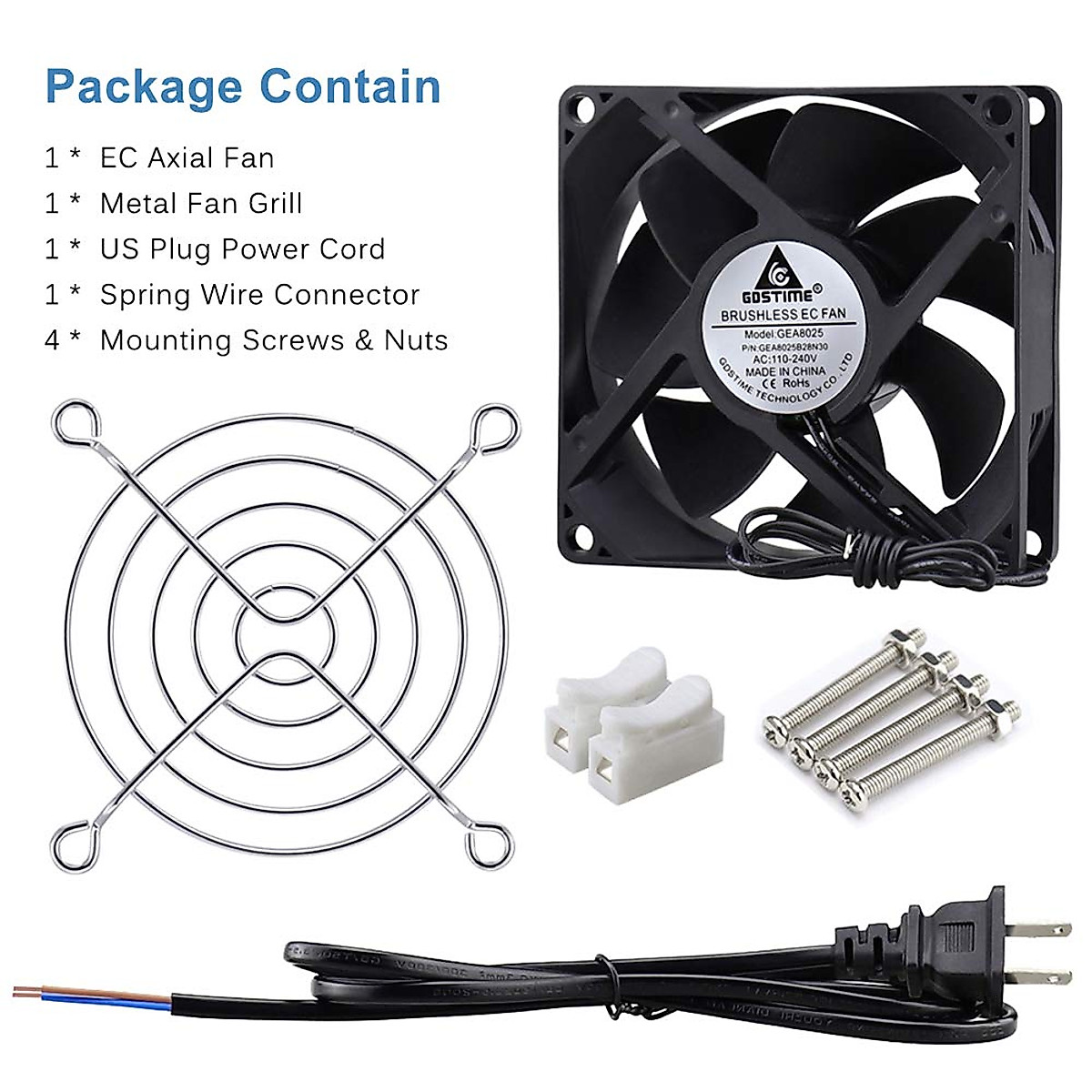 GDSTIME EC Cooling Fan 80mm x 80mm x 25mm AC 110V 115V 120V 220V 240V