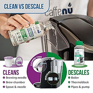 Keurig Descaling Solution and Cleaning Kit Compatible 1.0 & 2.0 K Cup Coffee Machines. 3 Month Supply. 2 uses per Bottle & 4 Keurig Cleaner Pods. Removes Limescale & Cleans Pod Area. Eco Friendly