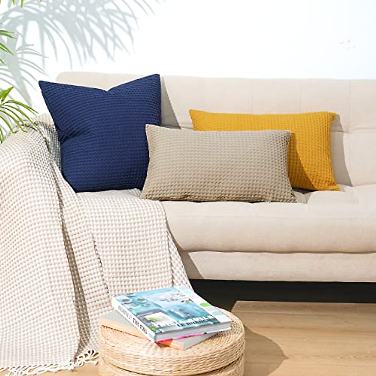 PHF 100% Cotton Waffle Weave Lumbar Pillow Cover 12" x 20", 2 Pack Elegant Home Decorative Rectangle Throw Pillow Covers for Bed Couch Sofa, Khaki (No Insert)