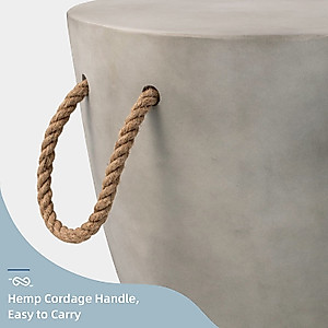 HOMPUS Concrete Outdoor Side Table Drum Accent Light Gray Modern End Table, Round Coffee Table with Rope Handle Garden Stool Decor for Garden, Indoor, Living Room