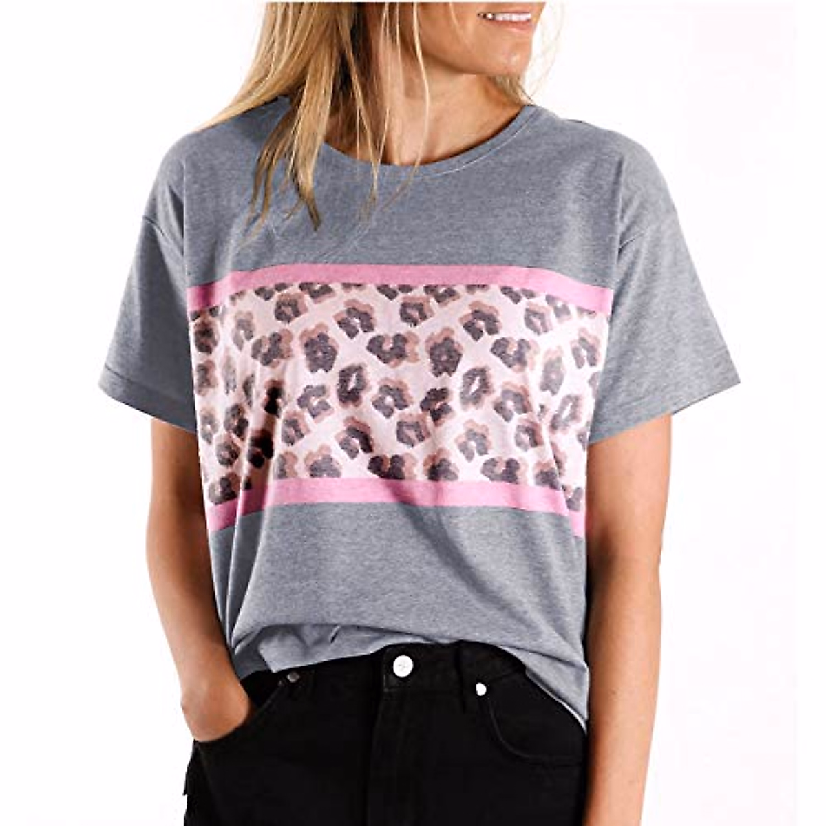 Bravetoshop Women Summer T Shirts Short Sleeve Crewneck Basic Tees Leopard Patchwork Casual Blouse Tops (Gray,S)