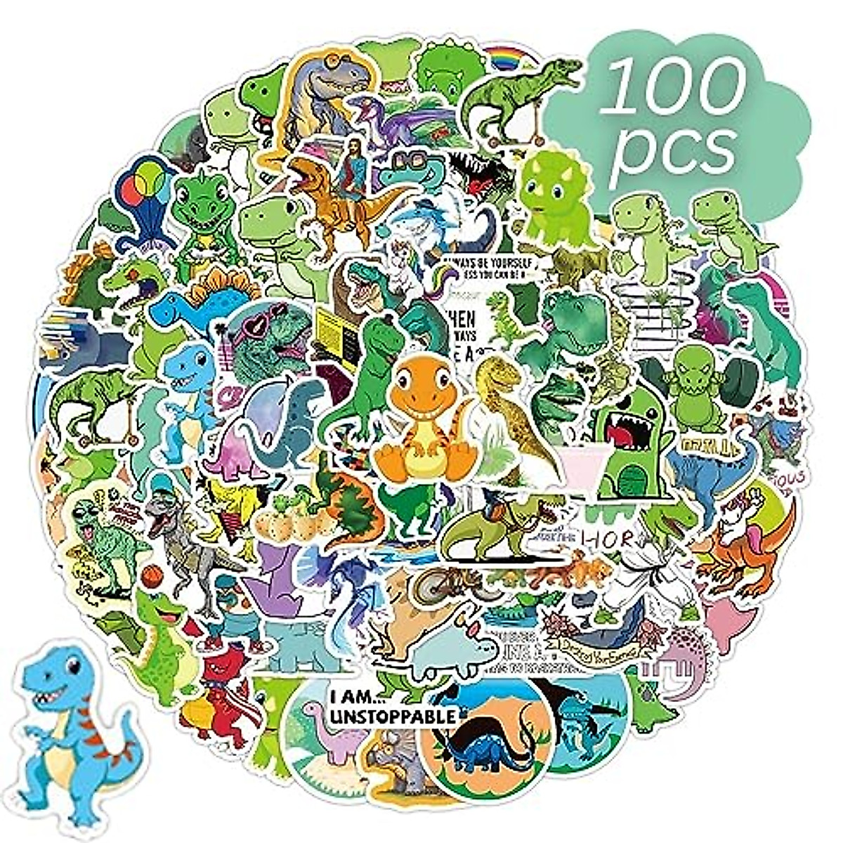 Adeela 100pcs Cute Dinosaur Stickers | Waterproof VSCO Stickers | Great on Waterbottles - Tablets - Laptops - PCS - Phones - Luggage | Assorted Sticker Packs for Kids Teens Adults