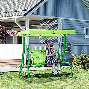 Outsunny Porch Swing for Kids with Adjustable Canopy to Block Sun at Angles, Kids Swing Chair with Seatbelts, Frog Gift for Kids, Tree Bark Brown, for Ages 3-6, Green