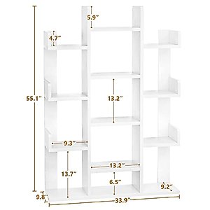 Aheaplus Bookshelf, Tree-Shaped Bookcase Storage Shelf with 13 compartments, Books Organizer Display Cube Shelves, Industrial Free Floor Standing Wood Open Bookshelves for Home, White