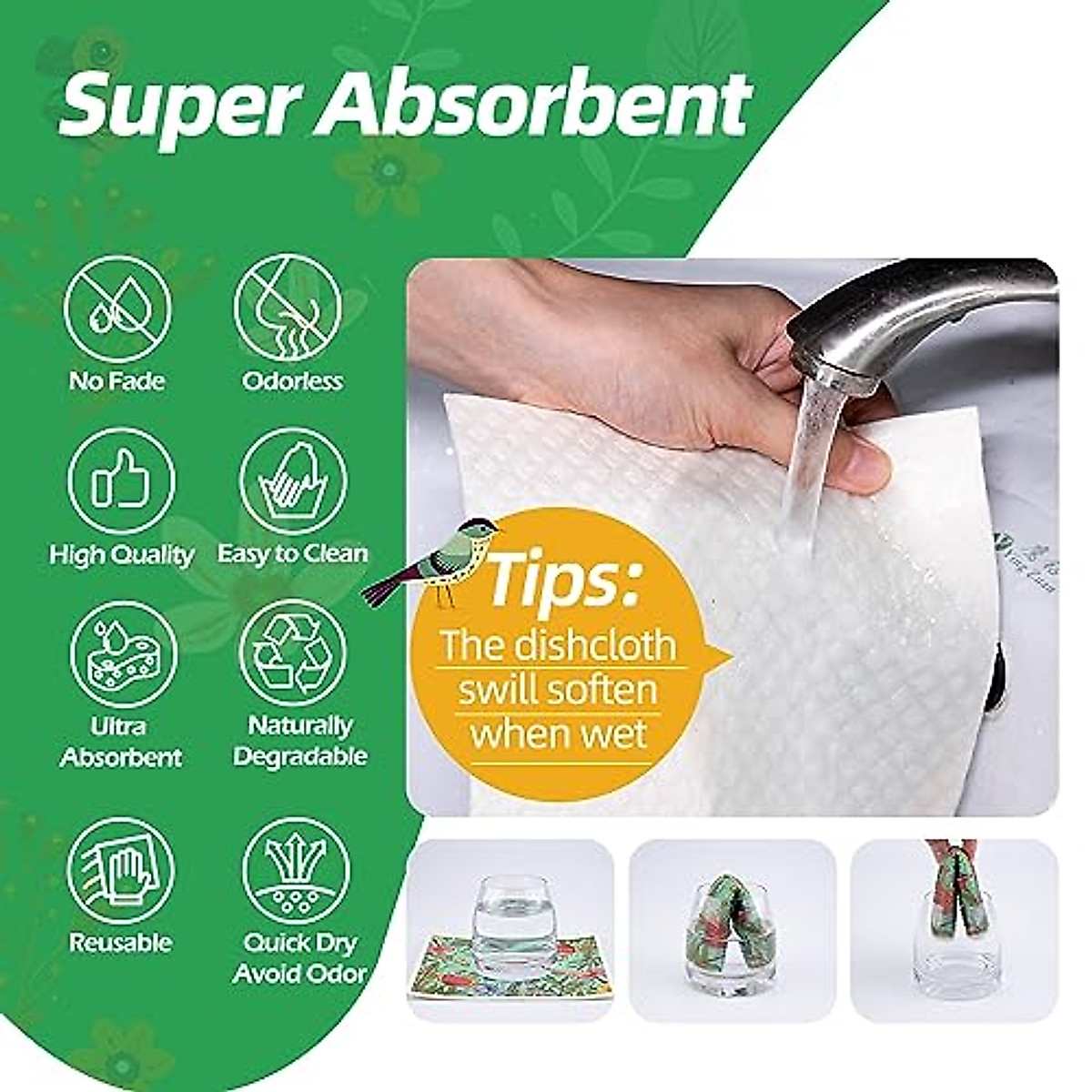 DecorWoo 6 Pack Swedish Dishcloths for Kitchen, Absorbent & Quick Drying Sponge Cleaning Cloths Set, Reusable Decorative Tea Towel, Biodegradable No Fading No Odor Bar Hand Towel (2 Clips