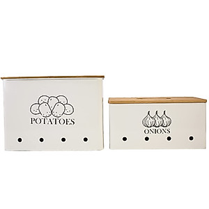 Xbopetda Set of 2 Vintage Cream White Potato Onion Kitchen Storage Canisters Jars Pots, Potato & Onion Bin with Aerating Holes & Wooden Lid, Food Container Sets, Vegeatables Storage