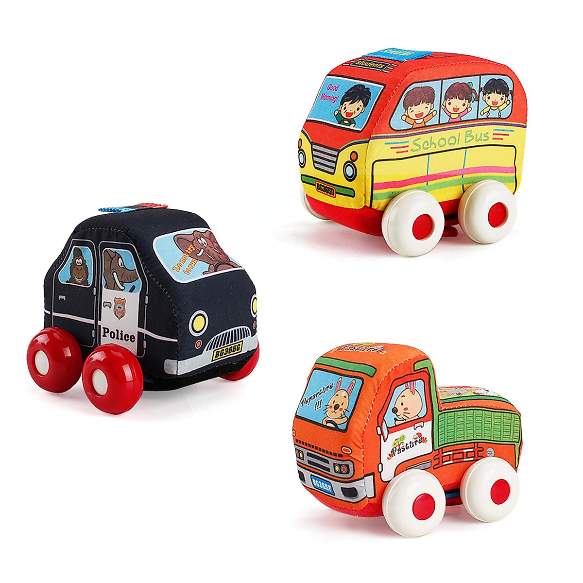 Atralo Service Cartoon Soft Cloth Toy Car Set 3PCS Includes School Bus Police car Crazing Truck Fabric Toy Scooter Early Education Toys Activity Cloth Car for Baby Toddler Kids