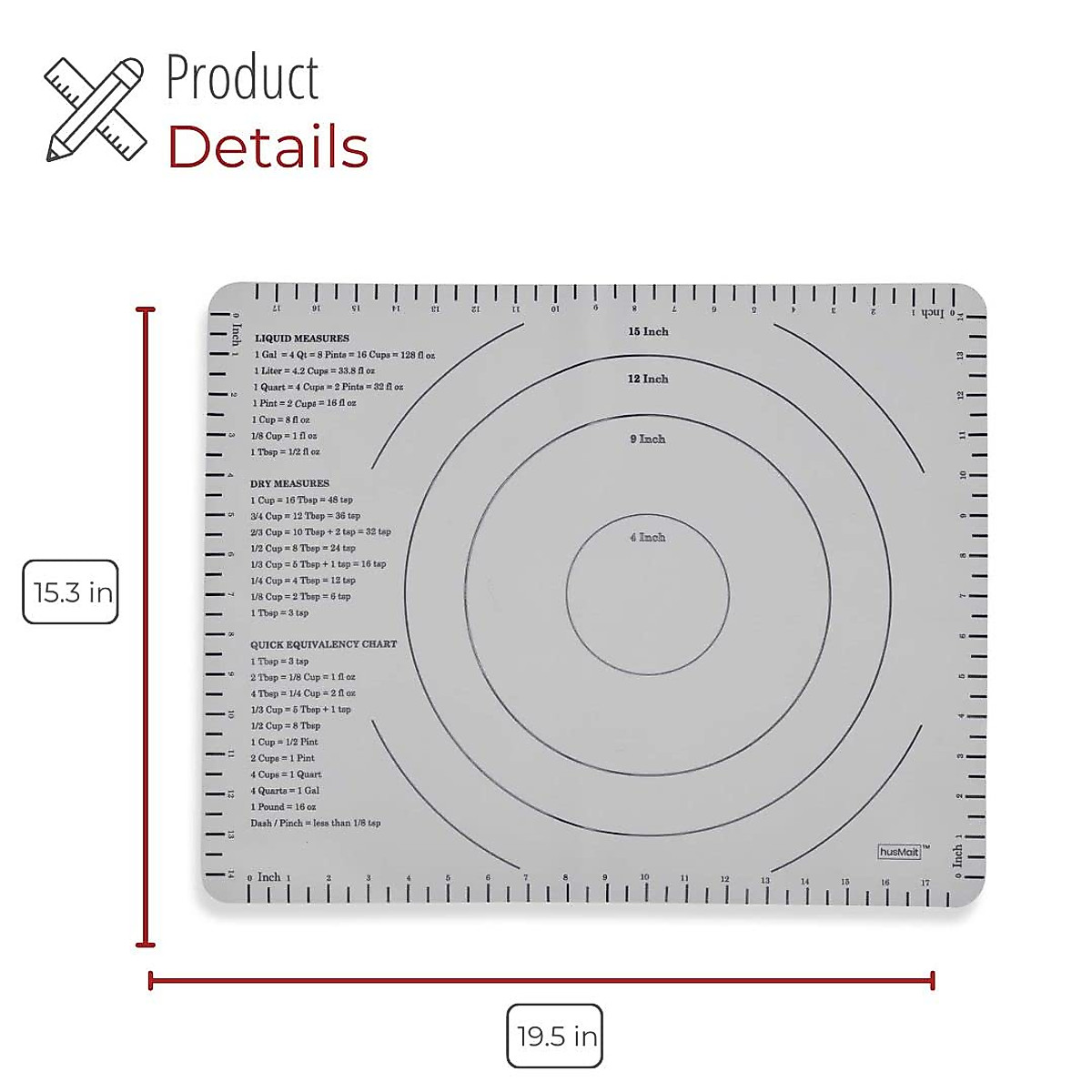 husMait Silicone Rolling Mat - Premium Kitchen Pastry Mat for Rolling and Baking Prep - Great for Making Dough, Pastries, Pizza and Pie