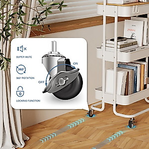 DTK 3 Tier Metal Utility Rolling Cart with Table Top and Side Bags, Metal Tray Storage Organizer Cart with Wheels, Art Craft Cart with 4 Hooks for Kitchen Bathroom Office Living Room (White)