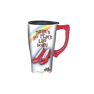 Spoontiques Ruby Slippers Ceramic Travel Coffee Mug with Lid and Handle - Wizard of Oz Double Walled Mug for Hot and Cold Beverages - Microwave and Dishwasher Safe, Spill Proof Lid