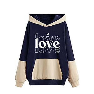 Women Casual Sweashirt Colorblock Hooded Print Pockets Hooded Sweashirt X Large (Dark Blue, M)