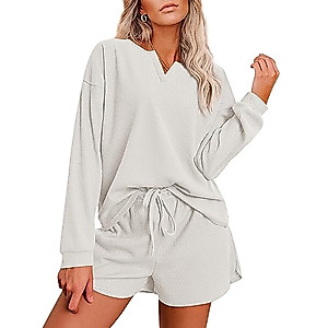 Ekouaer Womens Waffle Knit Long Sleeve Top and Shorts Loungewear Thick Pajama Set, White, Small