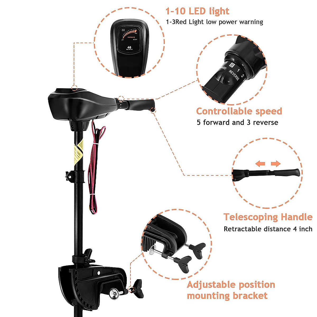 Goplus Electric Trolling Motor 8 Speed, 46 Lbs Thrust Boat Fishing Motor w/Telescoping Handle, Two-bladed Propeller, LED Battery Indicator and 36" Shaft for Freshwater Saltwater Use (46LBS)