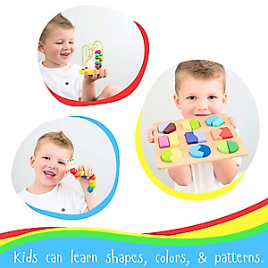 LMC Products Variety Pack of 6 Wooden Toys - Toys for Toddlers 3 Year Old & Up, Stacking & Lacing Toys, Fine Motor Skills Toys, Bead Maze, Educational Shape Puzzle