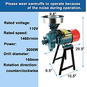 EVGTTI Electric Grain Grinder Mill 3000W, 110V Dry Cereals Grinder with Funnel, Commercial Electric Feed Mill Dry Grinder, Rice Corn Grain Coffee Wheat Feed Mill Flour Mill
