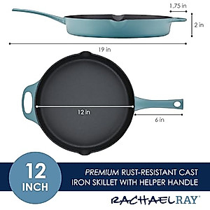Rachael Ray NITRO Cast Iron Frying Pan/Skillet with Helper Handle and Pour Spouts, 12 Inch, Agave Blue