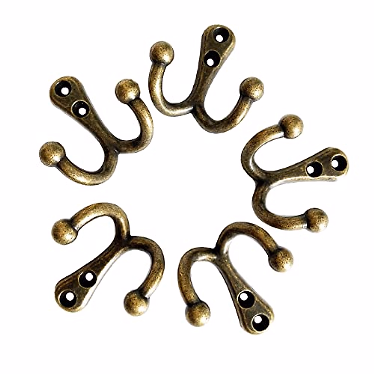 Mokife 5 Pack Coat Hooks Heavy Duty Vintage Double Wall Hook Strong Entrance Hangers for Hanging Clothes Jackets Robes Towels Hats Keys Bags Cups, Bronze