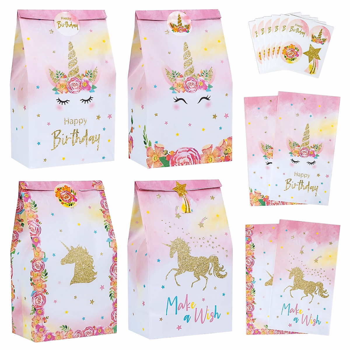 DECORLIFE 24PCS Unicorn Party Favor Bags, Unicorn Goodie Bags for Girls' Birthday Party, Perfect for Girls, Kids, Boys, Stickers Included, 4 Styles