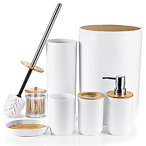 Otostar Bamboo Bathroom Accessory Set 6 Piece Bathroom Accessories Set Plastic Gifts Bath Set with Toothbrush Holder Soap Dispenser Qtip Holder Tumbler Soap Dish Toilet Brush Holder Trash Can (White)