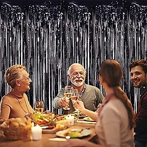 3Pcs Black Metallic Tinsel Foil Fringe Curtains, 3.28ft x 6.56ft Black Photo Booth Backdrop Streamer Curtain,Photo Booth Props,Ideal Bachelorette Party,Birthday, Halloween,Christmas, New Year Decor