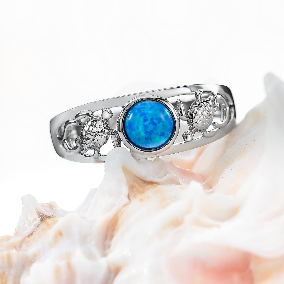 Sterling Silver Opal Two Sea Turtles Tapered Wedding Ring Eternity Band for Women, Hawaiian Island Tropical Ocean Jewelry Gemstone, Gift Box Included (Blue Opal, 8)