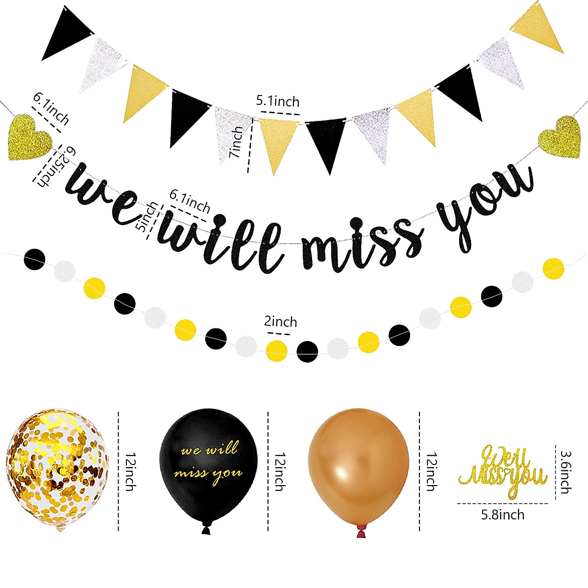 We Will Miss You Banner Coworker Going Away Farewell Decorations Gold Black Glitter Dot Circle Garland Triangle Flag Banner For Goodbye, Retirement, Job Change, later traitor party supplies