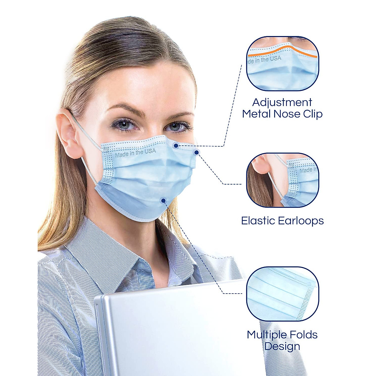 MAVINA Adult Face Masks Disposable Made in USA, 3 Ply Face Mask Breathable ASTM Level 2 Disposable Face Masks for Adults Women Men, Blue Facemask 50 Pack