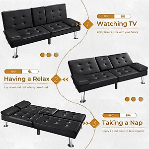 Furniwell Futon Sofa Bed Modern Faux Leather Sofa Couch for Living Room Convertible Folding Adjustable Recliner with 2 Cup Holders and Armrests (Black)