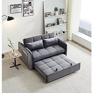 Velvet Pull Out Sleeper Sofa Bed with USB Ports, Convertible Futon Couch with Adjustable Backrest, 3 in 1 Modern Loveseat with 2 Pockets and Pillows, Small Love Seat for Living Room, Office, Dark Grey