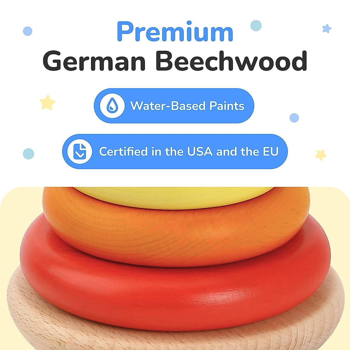 Bimi Boo Wooden Rainbow Stacking Rings for Toddlers - Ring Stacker Baby Toy with Roly-Poly Base - Montessori Early Counting Toy, Size Recognition Learning Activity - Ideal Baby Gift (5 Rings)