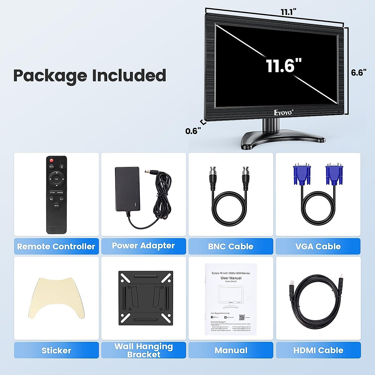Eyoyo 12 Inch Monitor 16:9 Mini HDMI Monitor Screen 1366x768 Small TV Monitor Display with HDMI VGA BNC AV USB Input for Computer PC RasPi Laptop CCTV Security Analog Camera