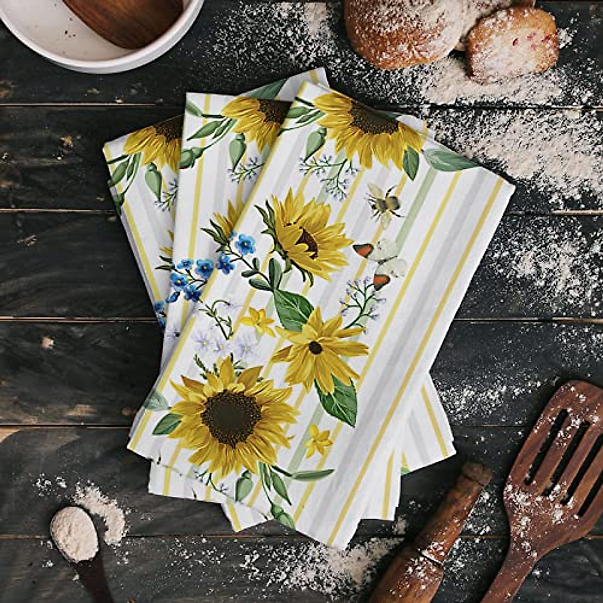 Big buy store Sunflower Butterfly Bee Floral Kitchen Dish Towels, Soft Lightweight Microfiber Absorbent Decorative Hand Towel Green Yellow Stripes Tea Towel Guest Towel for Kitchen Bathroom 18x28in