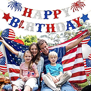 Ushinemi Glitter 4th of July Birthday Decorations, Red White and Blue Happy Birthday Banner, Patriotic Independence Day Birthday Party Supplies