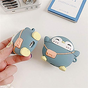 ICI-Rencontrer Compatible with Earbuds Case Airpods Pro, Cute Bag Penguin Design Kids Girls Women Fun Cartoon Animal Wireless Charging Earphone Soft Silicone Shockproof Protector Hook Gray Blue