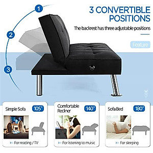 Convertible Folding Futon Sofa Bed,Modern Fabric Sleeper Couch Bed with 2 USB Ports,Recliner Sofa with Chrome Legs for Living Room Dorms Apartment Office