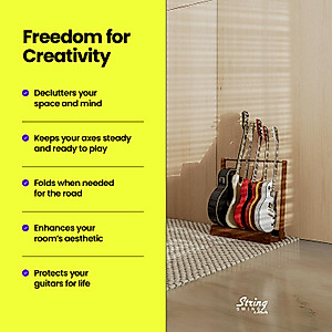 String Swing Guitar Stand, Multi Guitar Rack for Acoustic, Electric, Bass Guitars, Hand Welded Steel & Black Walnut Hardwood, Padded Guitar Holders, Guitar Stands Floor - USA Made