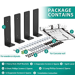 Goovilla Shelf Brackets, Heavy Duty Floating Shelf Bracket 6 Inch for 2×4” Wood Stud, 4 Pack L Brackets for Shelves, Black Metal Wall Shelving Brackets, Shelf Support Brackets, 160 lb. Load Capacity