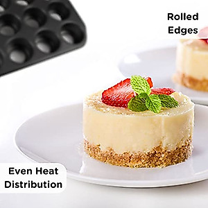 Wrenbury Pro Mini Cheesecake Pans Removable Bottom 12 Hole - Heavy Gauge Carbon Steel Muffin Cupcake Pan Loose Bottom Springform for Baking - 3 Inch Individual Cheesecakes Tin - PFOA Free