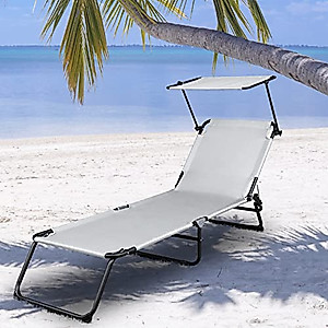 VINGLI Folding Chaise Lounge, Adjustable 4 Position Patio Chair Recliner, Sunbathing Chair for Beach Outdoor Pool Patio Deck (Grey, with Canopy)