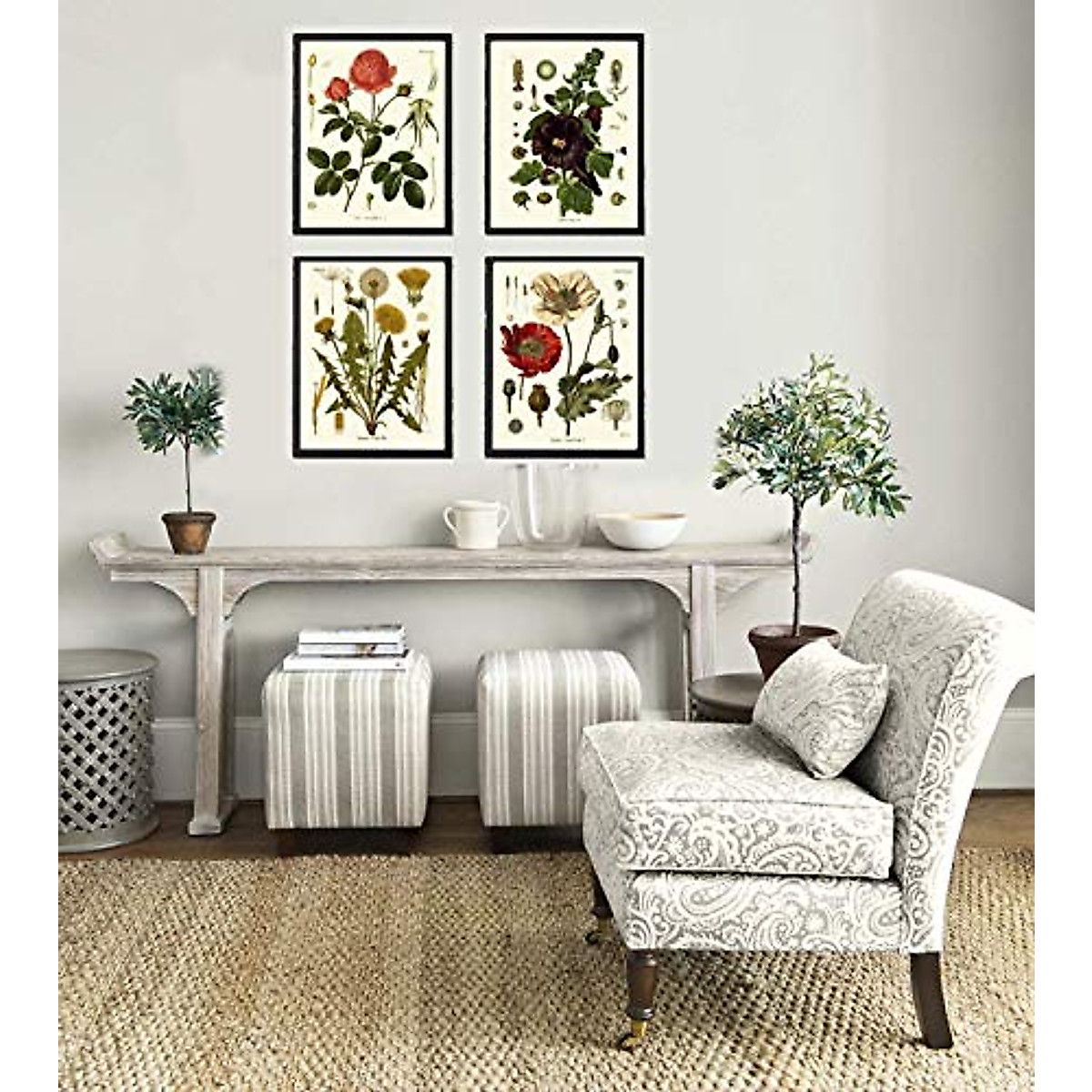 Botanical Flower Set of 4 Art Prints Antique Beautiful Red Rose Poppy Large Black Hollyhock Dandelion Spring Summer Garden Home Room Wall Decor Unframed KOH