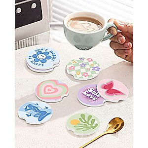8pcs Danish Pastel Car Coasters 2.56 inches Car Cup Holders Absorbent Ceramics with Finger Notch Drinks Coasters Cork Base Aesthetic Smiling Face Flowers Preppy Boho Cute Car Accessories for Women